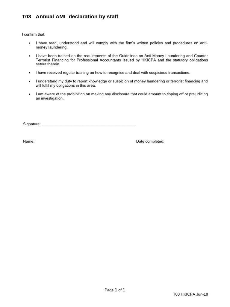 Annual AML Declaration Form Template | PDF