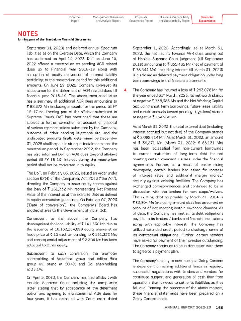 Notes to Accounts- Vodanfone- Going Concern Disclosure | PDF