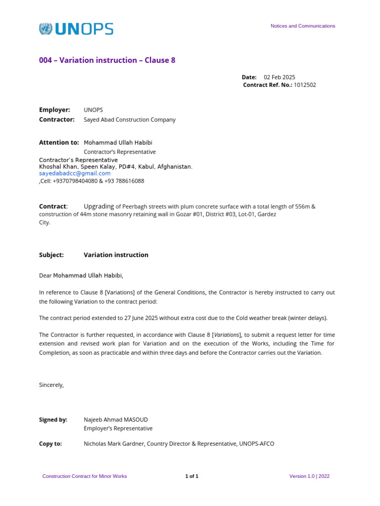 Variation Instruction for Contract 1012502 | PDF
