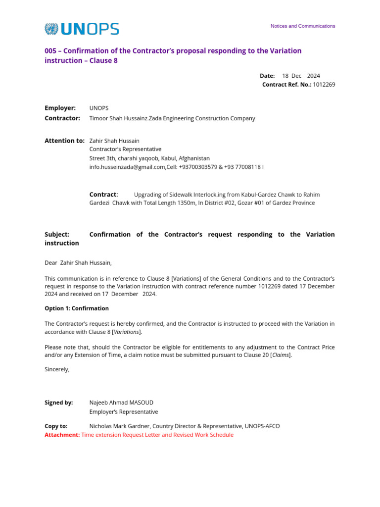 Contractor Confirmation of Variation Request | PDF