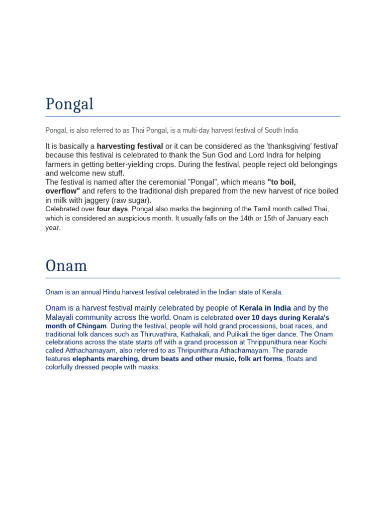 Project SST Pongal and Onam | PDF