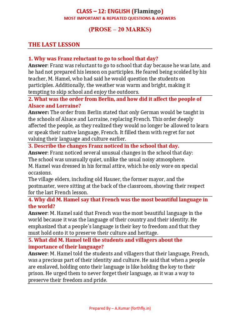 Class - 12 English (Flamingo) - MOST IMPORTANT QUESTIONS & ANSWERS FOR ...