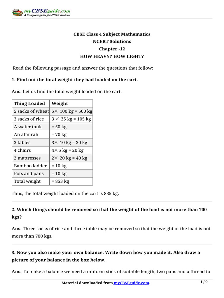 04 Maths Ncert CH 12 How Heavy How Light Ques | PDF | Weight | Weighing Scale