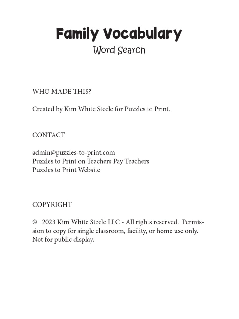 Family Vocabulary Word Search | PDF | Word Search | Linguistics