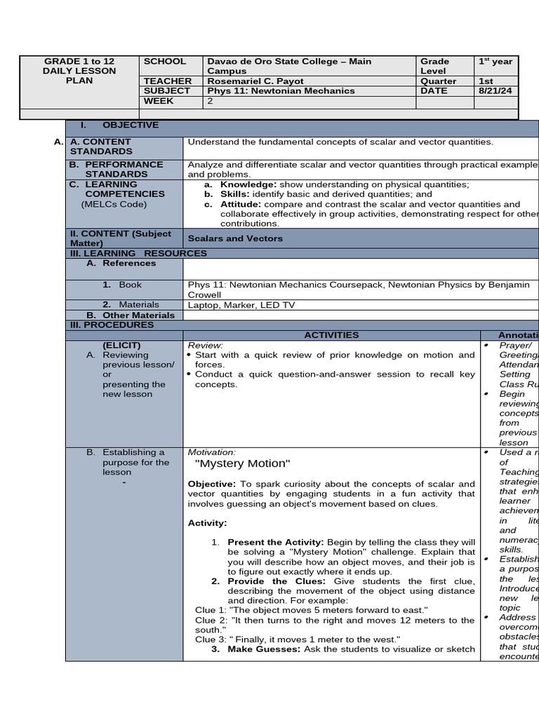 7Es-Daily-Lesson-Plan-Scalars & Vectors | PDF | Euclidean Vector | Velocity