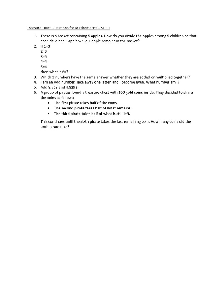 Math Treasure Hunt Questions & Answers | PDF