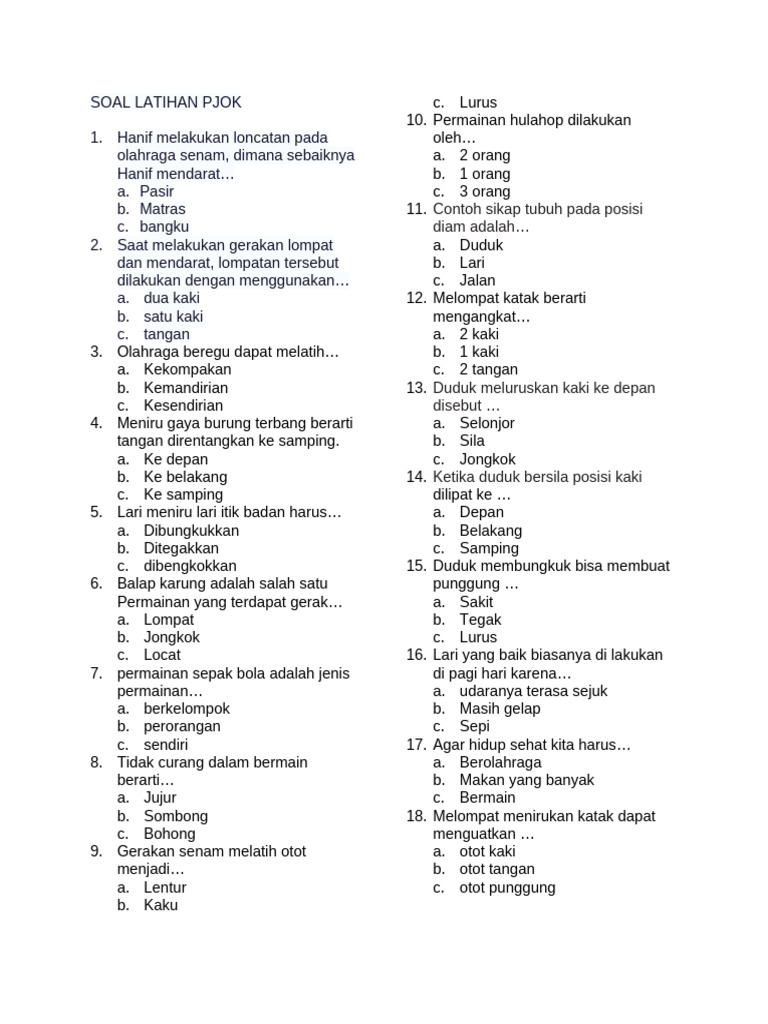 Soal PJOK Kelas 1 Semester 2 | PDF