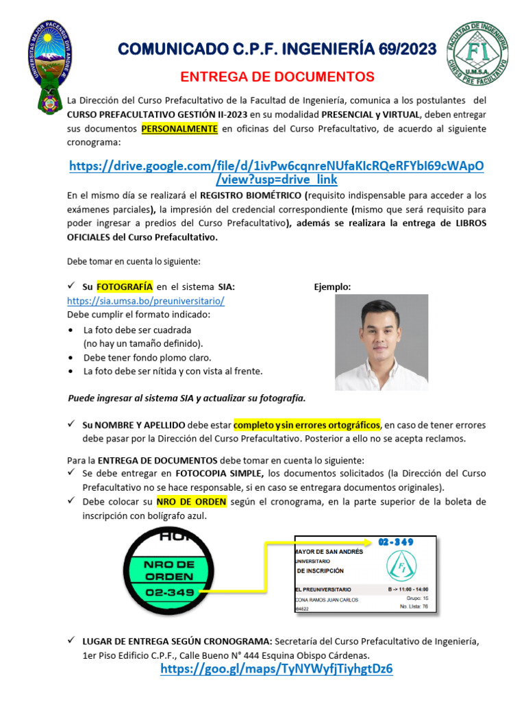 Comunicado 69-2023 Entrega de Documentos y Credenciales CPF Ii-2023 | PDF