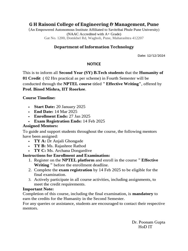 NPTEL Effective Writing Course Notice | PDF