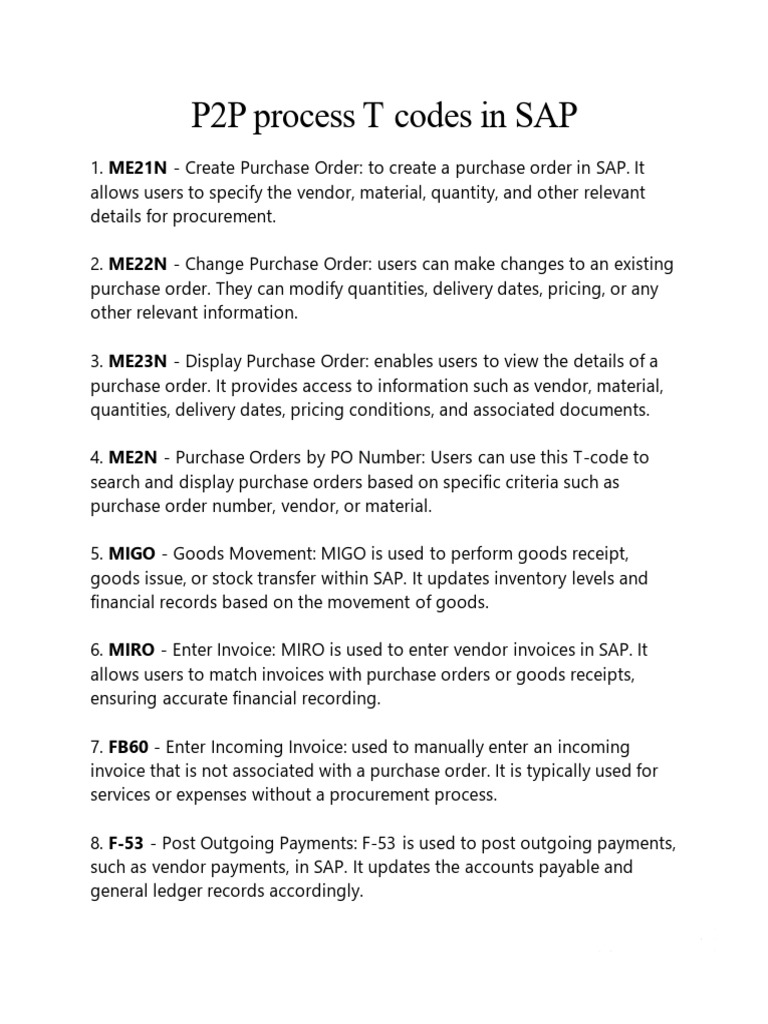 P2P Process T-Codes in SAP-1 | PDF | Receipt | Supply Chain Management