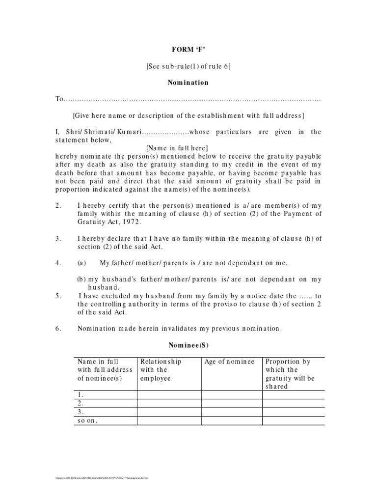 Gratuity Form F Nomination (1) | PDF