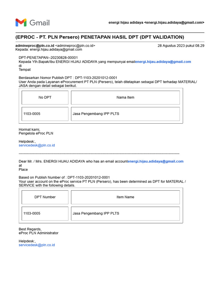 Gmail - (Eproc - Pt. PLN Persero) Penetapan Hasil DPT (DPT Validation ...