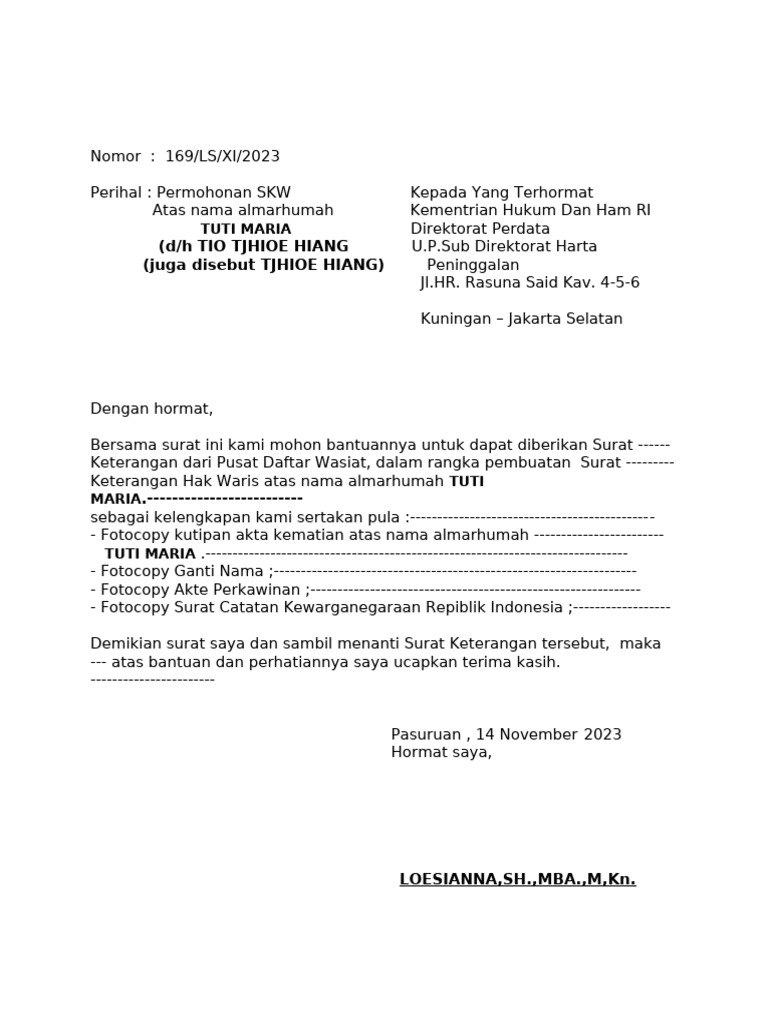 Contoh Surat Permohonan SKW | PDF