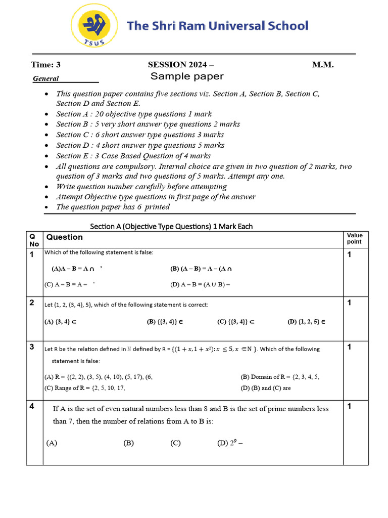 Grade 11 Math Sample Paper 3 | PDF | Bridge | Mathematics