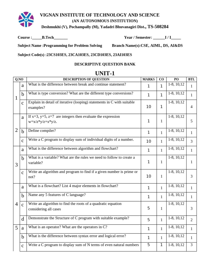 PPS 1-1 Cse, Aiml, Ai&ds, DS 2024-25-1 | PDF | Time Complexity ...
