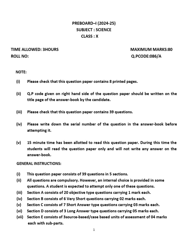 X Sci Pb-1-Set-A-2024-25 | PDF | Ore | Chemical Reactions
