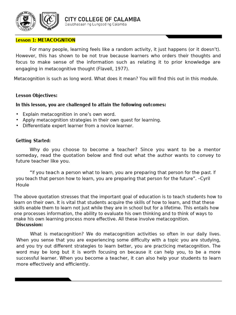 EDUC 201_LESSON 1& 2 | PDF | Learning | Metacognition