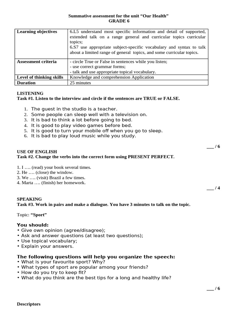 SAU #1 OUR HEALTH Grade 6 TASKS | PDF | Reading Comprehension ...