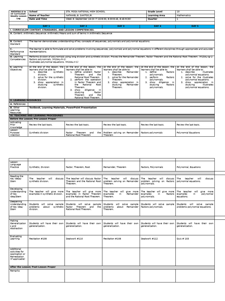 JHS-Matatag-Lesson-Exemplar-Mathematics10-1week8 | PDF | Factorization ...