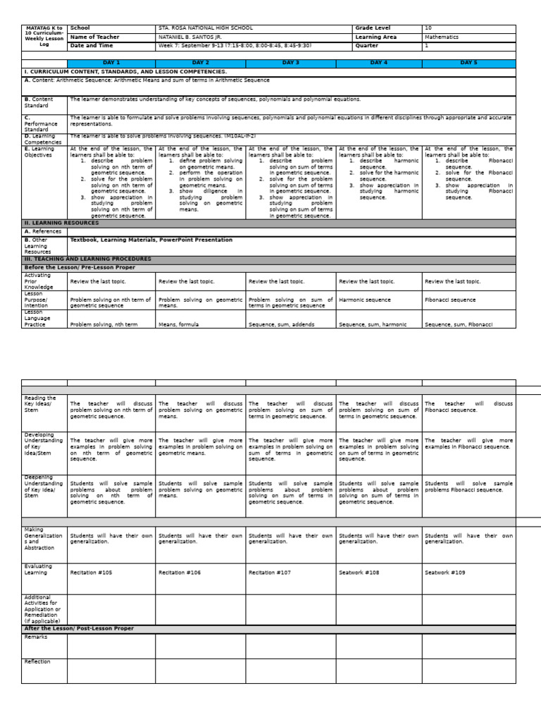 JHS Matatag Lesson Exemplar Mathematics10 1week7 | PDF | Sequence ...