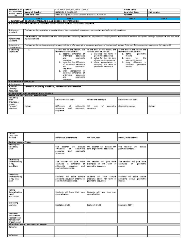 Grade 10 Math Weekly Lesson Log | PDF | Geometry | Arithmetic