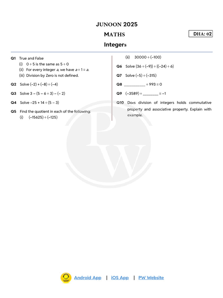 Integers - DHA 02 - Junoon 2025 | PDF