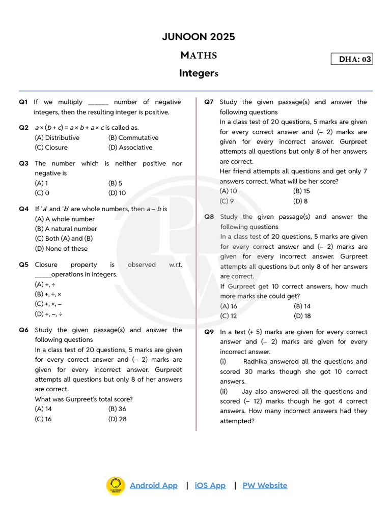 Integers - DHA 03 - Junoon 2025 | PDF