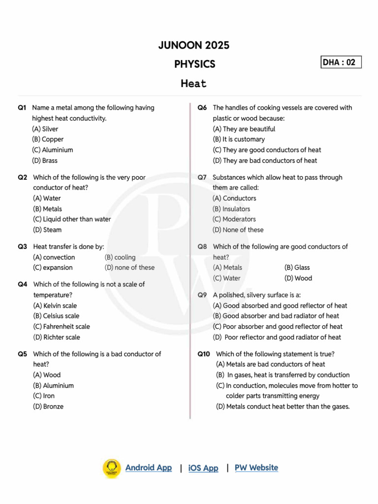 Heat - DHA 02 (Of Lecture 03) - Junoon 2025 | PDF | Thermal Conduction | Heat