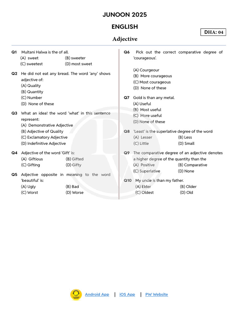 Grammar _ Adjective _ DHA 04 __ Junoon 2025 | PDF | Syntax | Linguistic Morphology