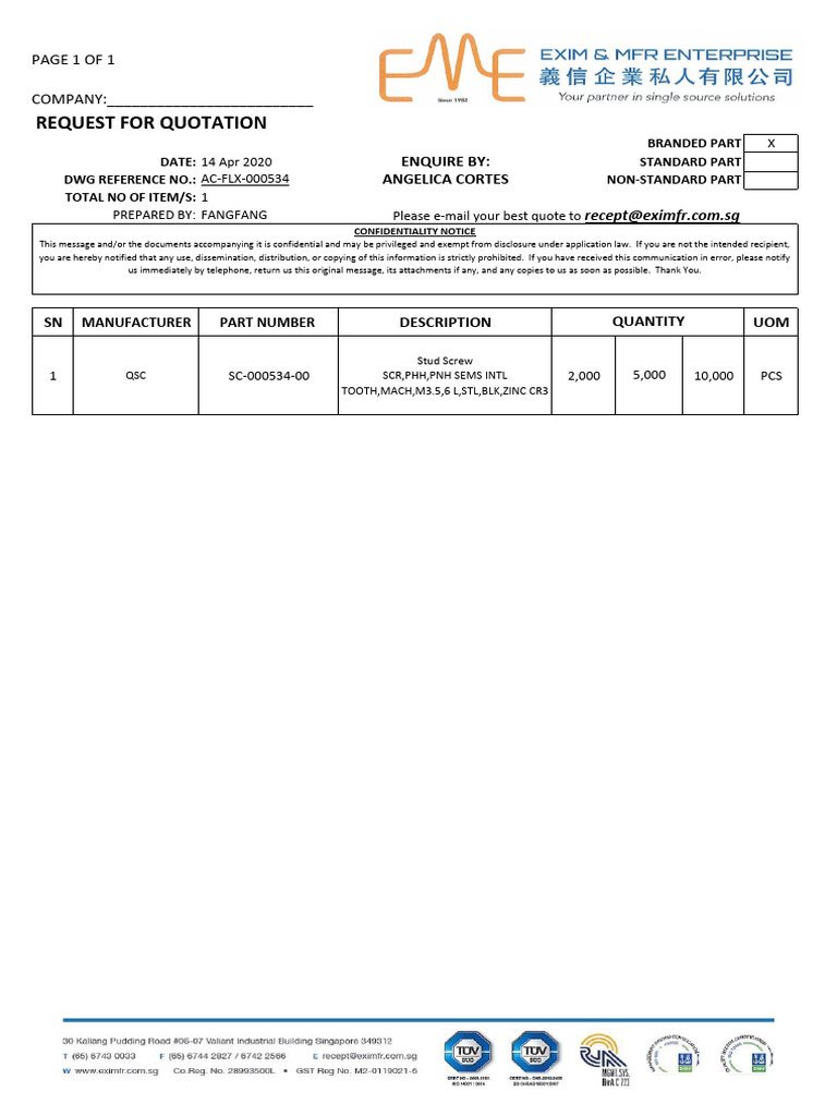 Request for Quotation: Stud Screws | PDF