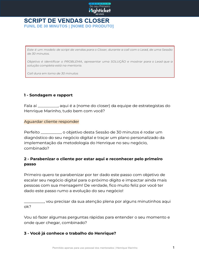 Script de Vendas Closer FUNIL de 30 MINUTOS.docx | PDF