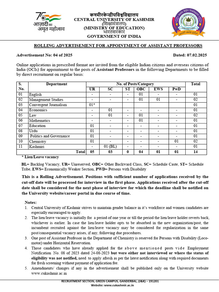 Assistant Professor Recruitment at CUK | PDF | Doctor Of Philosophy ...