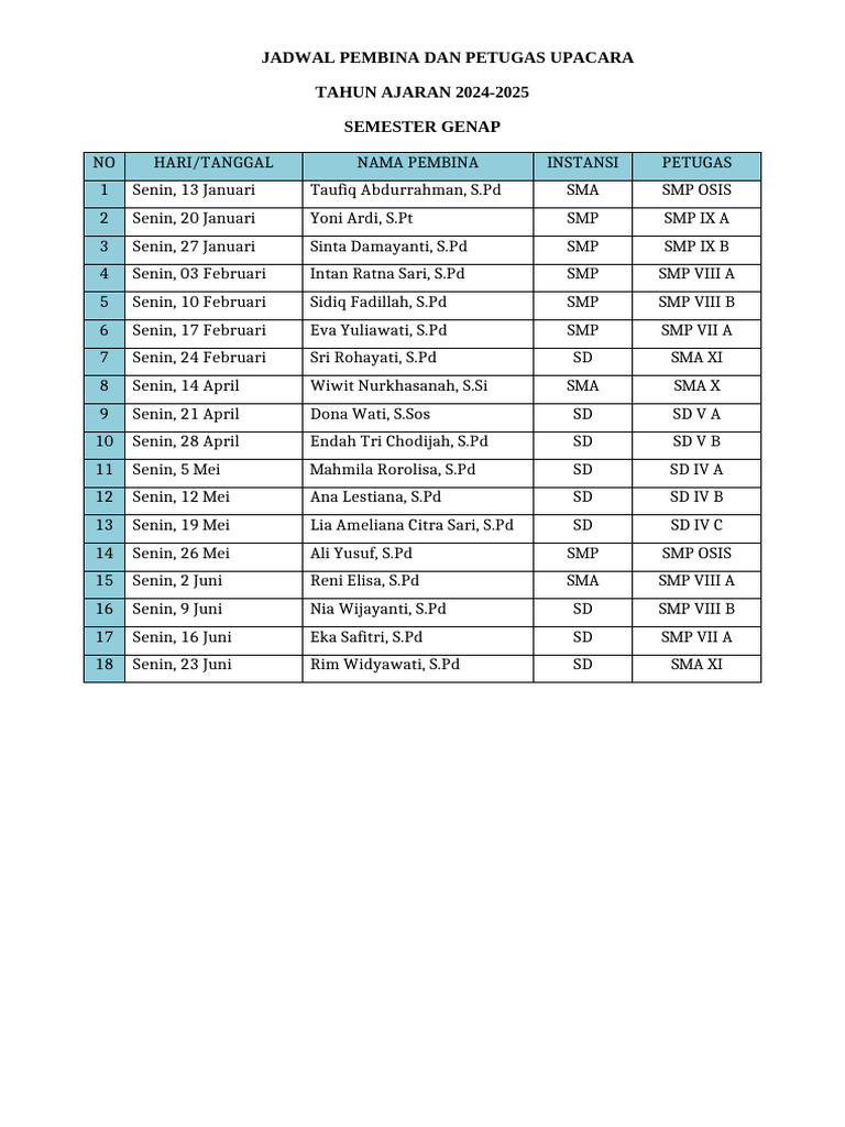 JADWAL_PEMBINA_DAN_PETUGAS_UPACARA_HARI_SENIN_2024-2025_SEM_GENAP | PDF
