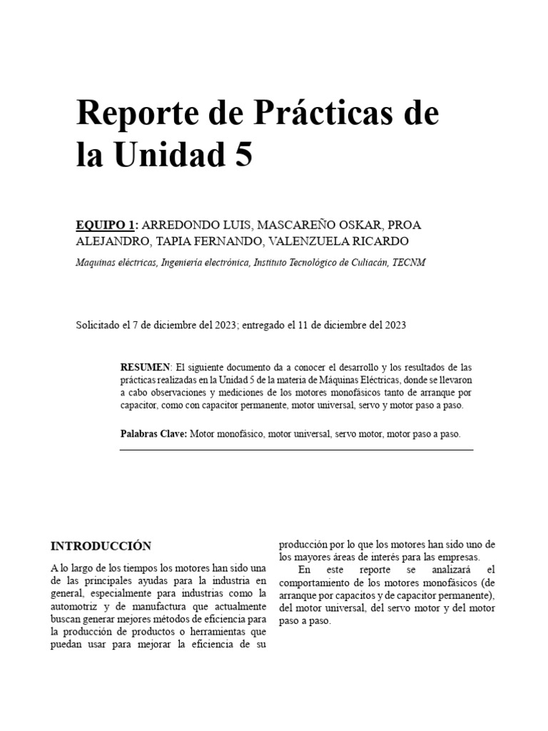 Equipo_1_Reporte_de_Prácticas_U5_MaqElec_(11-12)[1] | PDF | Corriente eléctrica | Inductor