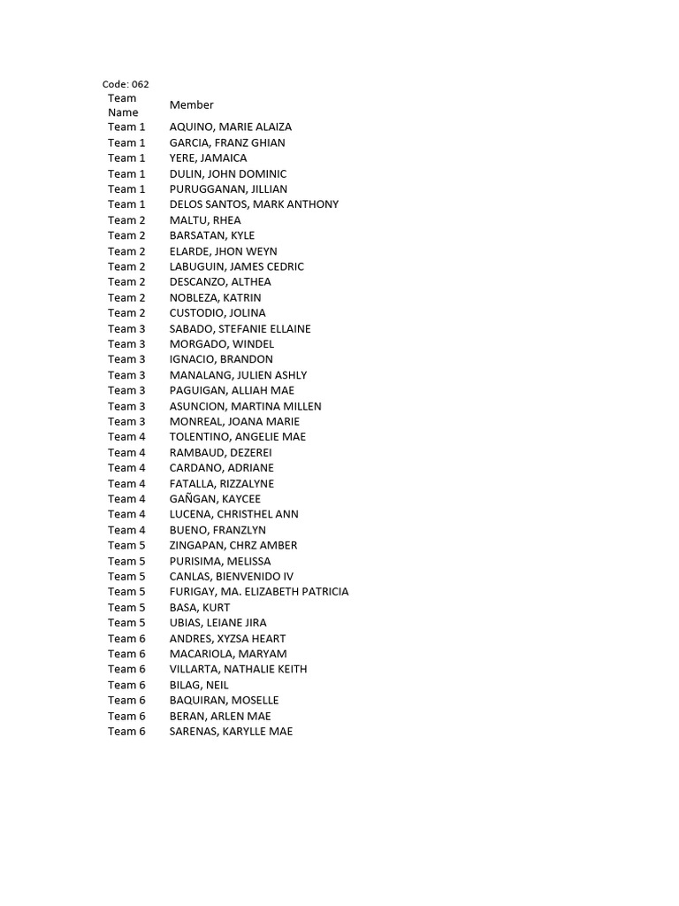 Team Member List for Code 062 | PDF