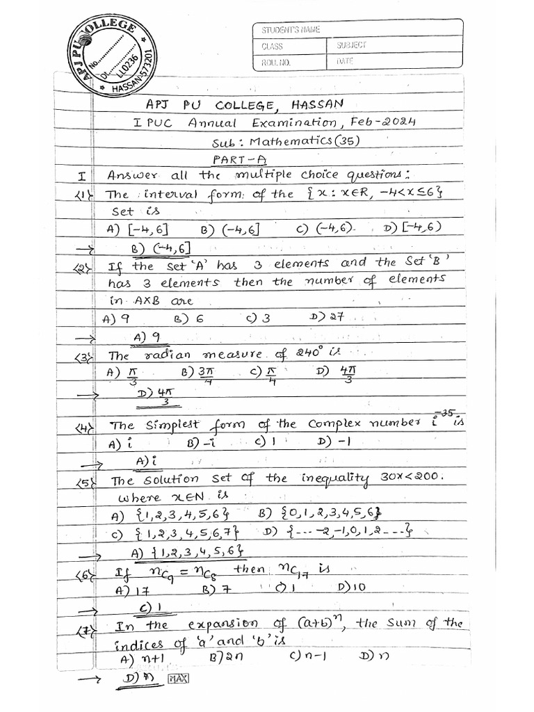 I Puc Maths Annual Exam-2024 | PDF