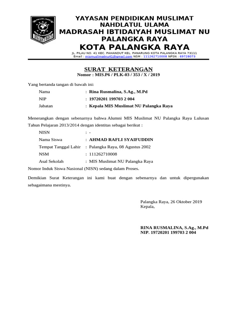 Surat Keterangan Nisn Sedang Proses | PDF