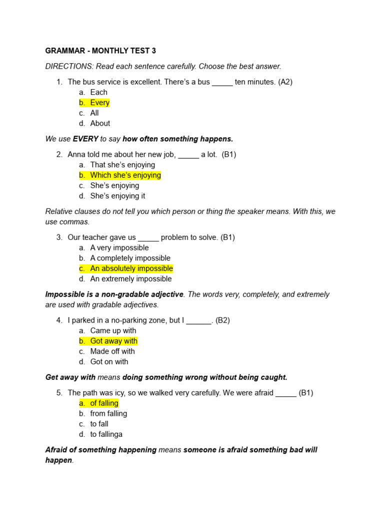 Grammar Monthly Test 3: Exercises & Answers | PDF | Verb | Pronoun