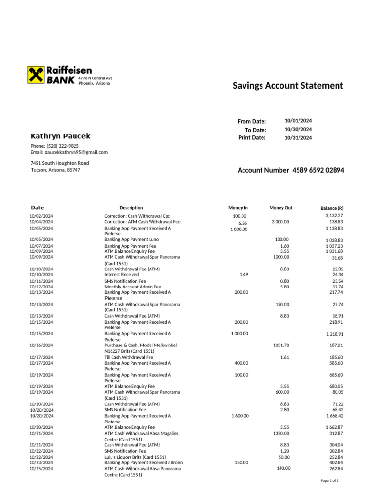 Savings Account Statement 2024 | PDF | Automated Teller Machine | Cash