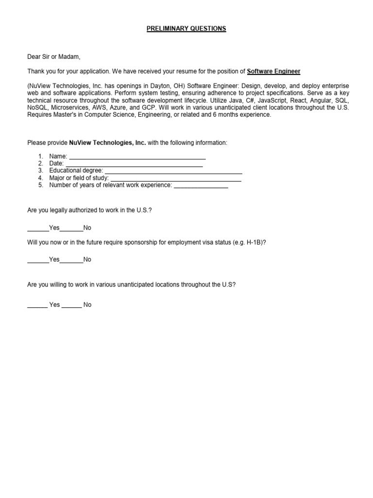 Preliminary Questionnaire - NuView Technologies, Inc. - Software Engineer | PDF