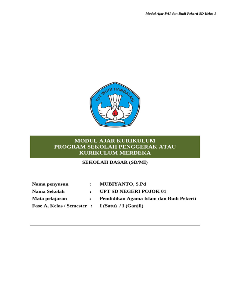 MODUL AJAR BARU - KUMER KELAS 1 SEM 1 - SDN POJOK 01 | PDF
