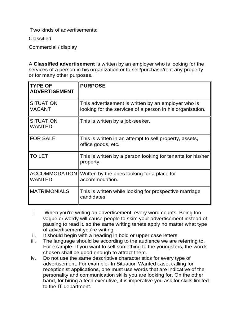 Types of Classified Advertisements Guide | PDF