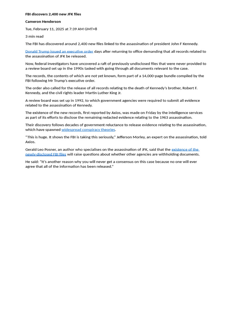 FBI Discovers 2,400 New JFK Files | PDF