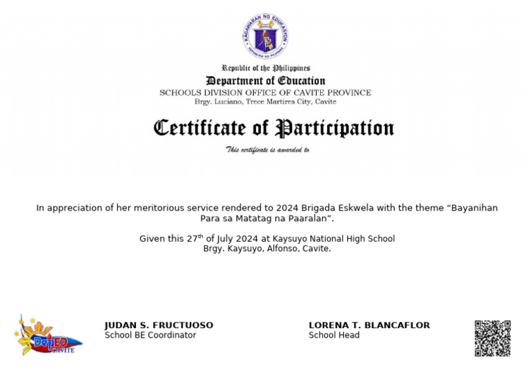 2024 Brigada Eskwela Participation Certificate | PDF