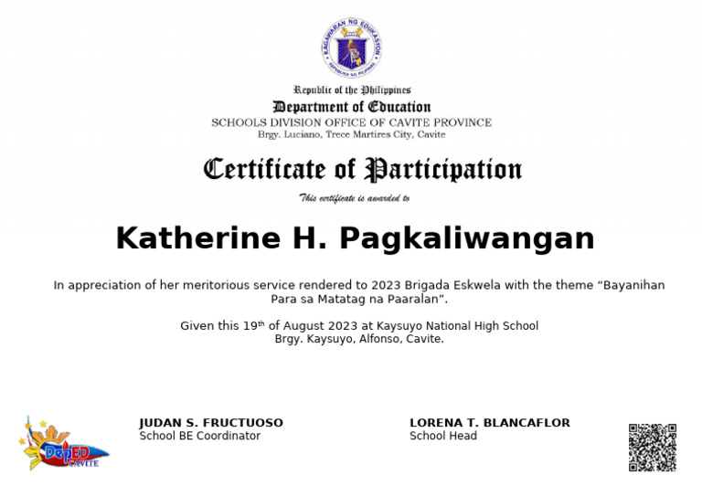 Certificate of Participation Brigada 2023 2024 | PDF
