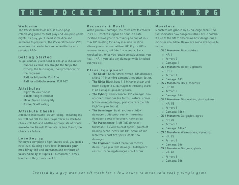 The Pocket Dimension RPG | PDF | Role Playing Games | Tabletop Games