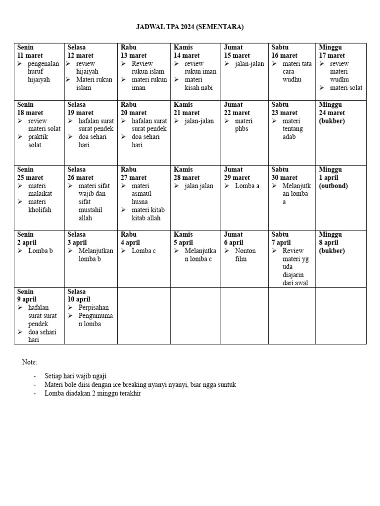 Jadwal TPA 2024: Materi & Kegiatan | PDF
