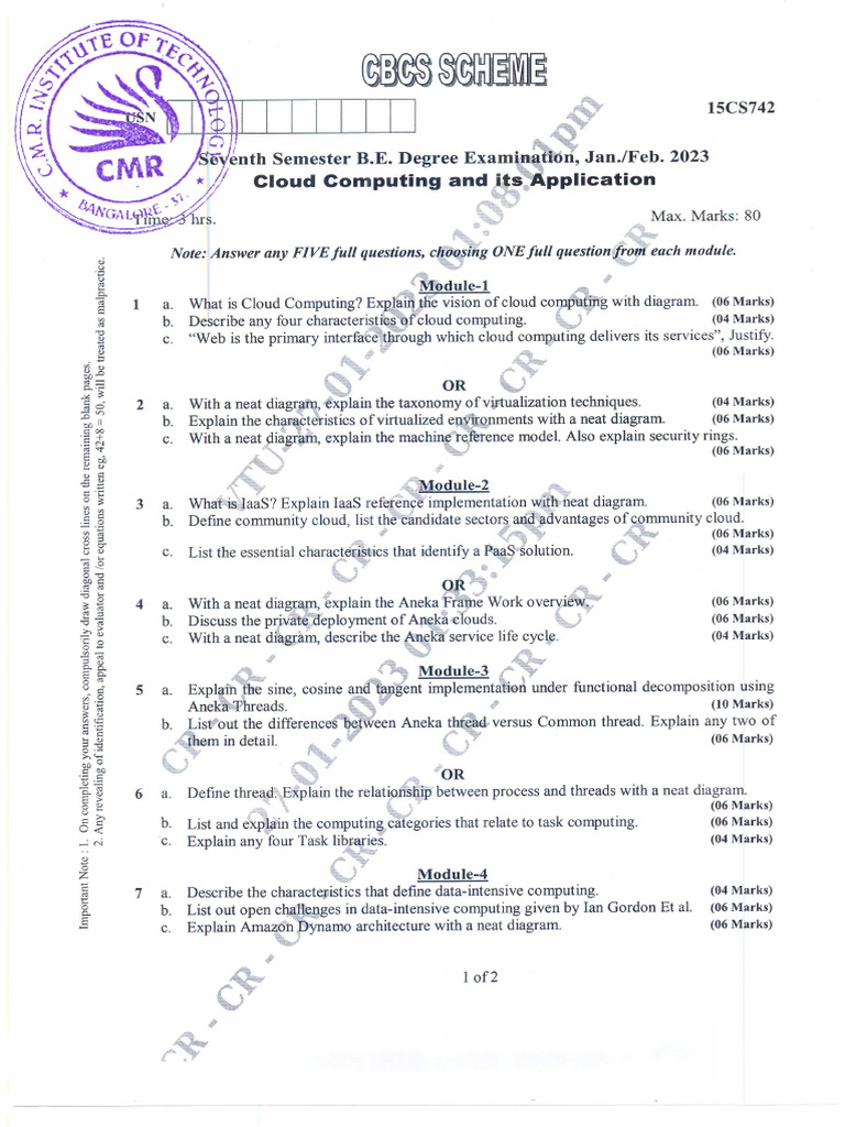 VTU Question Paper of 15CS742 Cloud Computing and Its Applications Jan-Feb-2023 | PDF