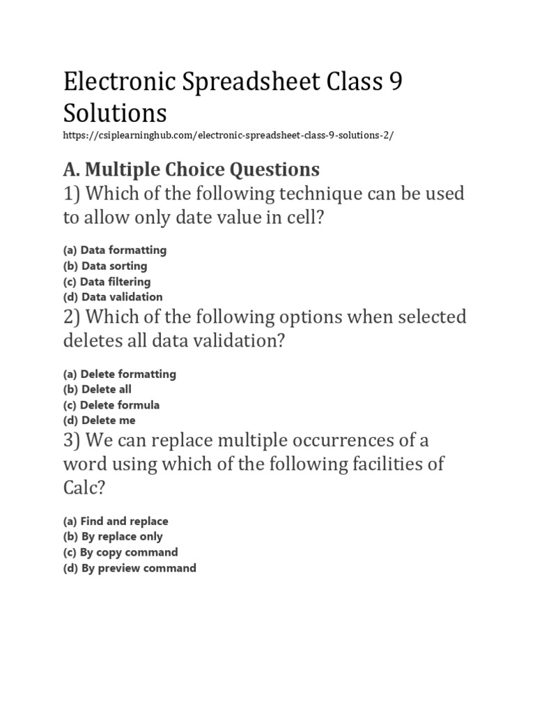 Electronic Spreadsheet Class 9 Solutions | PDF | Spreadsheet | Worksheet Electronic Spreadsheet Class 9 Solutions | PDF | Spreadsheet | Worksheet