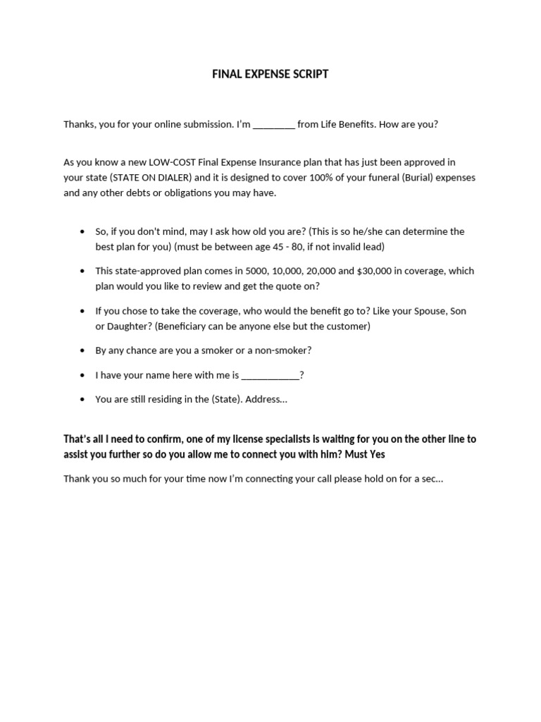 Final Expense Script | PDF